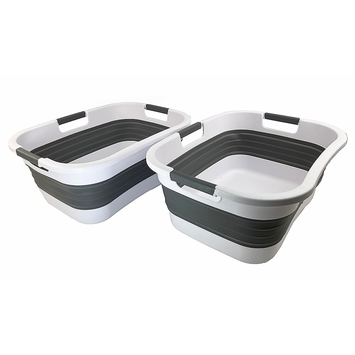 SAMMART 30L (7.9 gallon) Collapsible Plastic Laundry Basket - Foldable Pop Up Storage Container/Organizer - Portable Washing Tub - Space Saving Hamper/Basket (2, White/Steel Grey)