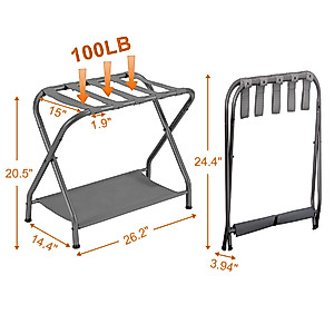 Heybly Luggage Rack,Pack of 2,Steel Folding Suitcase Stand with Storage Shelf for Guest Room Bedroom Hotel,Gray,HLR002G2