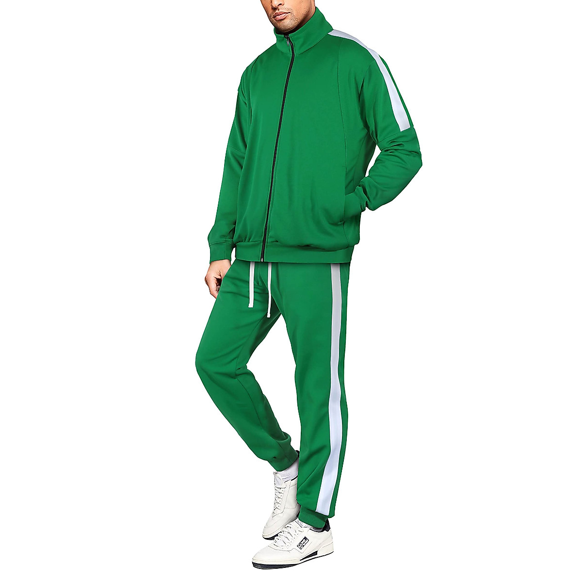 Hat and Beyond Mens Comfort Athletic USA Made Striped Athletic Casual Running Workout Sweat Suit Combo Oversized Tracksuit (Small, Kelly Green/White Set)