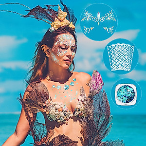 Halloween Mermaid Costume for Women Make up Kit 4 Pcs Mermaid Face Gems with 8 Bottles Holographic Glitter 3 Pcs Mermaid Scales Stencil Rhinestone Face Stickers for Carnival Party (Glitter Style)