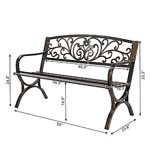 Butterfly Back Cross Feet Bronze Iron Bench, Powder-Coated Iron Outdoor Garden Bench, 50 x 23.82 x 33.27 inches, Bronze