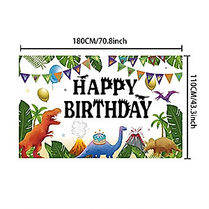 Watercolor Dinosaur Happy Birthday Banner Backdrop, 73'' x 43'' Jungle Theme Dinosaur Birthday Party Decoration Supplies Photography Background for Boys