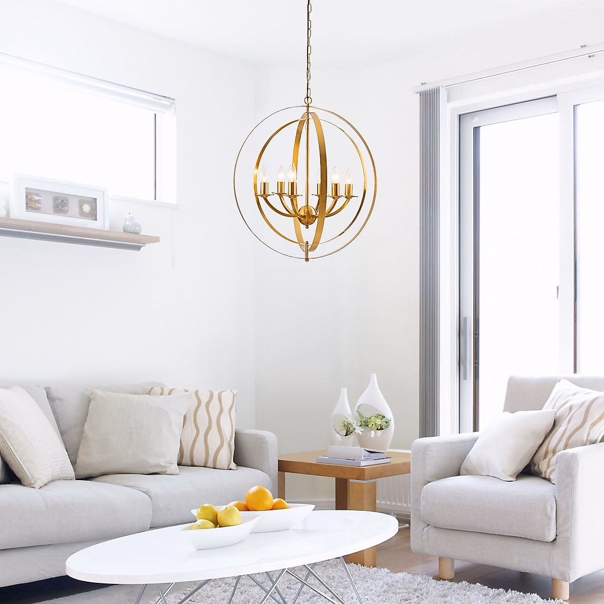 Hanging Lamp , Chandeliers,Gold Pendant Lights for Kitchen Island, Modern 6 Lights Globe Pendant Light Fixtures, Adjustable Orbits Ring Hanging Light, Farmhouse Ceiling Lights for Dining Room Bedroom