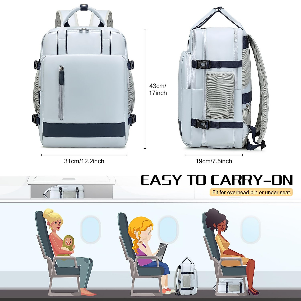 InduSKY Large Travel Backpack for Women, 40L Carry On Backpack Airline Flight Approved with USB Charging Port Shoes Compartment, Personal Luggage Backpack Casual Daypack 15.6 Inch Laptop Backpack