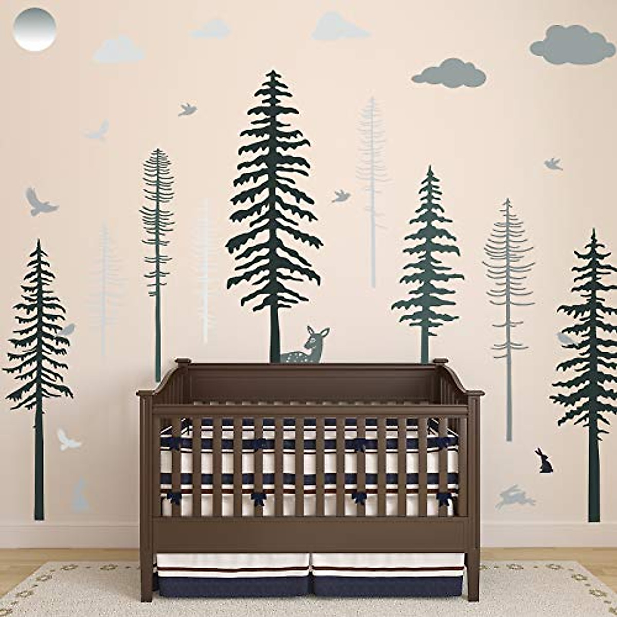 Nursery Wall Decal Forest Deer Pine Trees Wall Decal Woodland Vinyl Wall Sticker for Kids Babies Room Nursery Decoration (15.7 x 35.4 Inch)