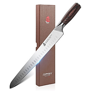 TUO 12 inch Slicing Carving Knife - Ultra Sharp Kitchen Long Slicer for Meat and Vegetable - German HC Stainless Steel Granton Edge- Ergonomic Pakkawood Handle with Gift Box - Osprey Series
