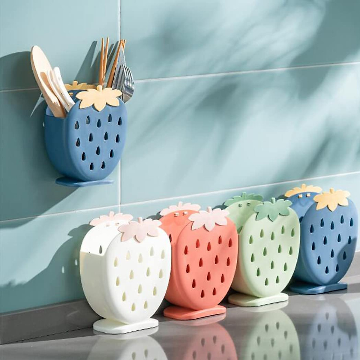 Hoshen Household Tableware /kitchenware Storage Cage, Kitchen Standing Chopstick Cage, Double-Compartment Drain Chopstick Cage，Strawberry Shape，Dark Blue