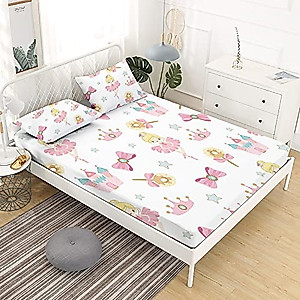 Jeyfull Pink Princess Fitted Sheet Set for Kids Girls Teens Donut Dancing Castle Crown Bed Sheet Queen Size 3D Print Dreaming Style Sheet Set 3 Piece