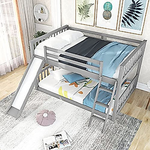 GLORHOME Full Over-Full Wood Bunk Bed with with Convertible Slide and Ladder, Solid Slat Support Bedframe for Kids Teens Bedroom, No Box Spring Needed, Grey
