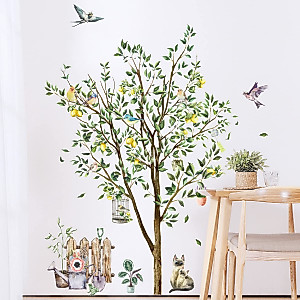 Pinenjoy Lemon Tree with Bird Cat Wall Decal Green Leaves Wall Stickers 32.67x38.18inch DIY Removable Self-Adhesive Vinyl Wall Murals for Living Room Nursery Bedroom Playroom Wall Decors