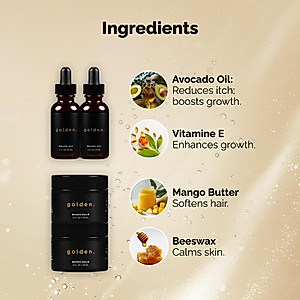 Golden Grooming Beard Oil & Balm Bundle for Men – Natural Growth Kit with Shea Butter – Tame, Moisturize & Style Your Beard (2x Oil 1 Oz - 2x Balm 2 Oz, Natural)