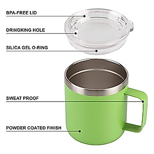 TAHOE TRAILS 12 oz Insulated Stainless Steel Coffee Mug, Vacuum Insulated Double Wall Travel Cup with Lid and Handle, Green