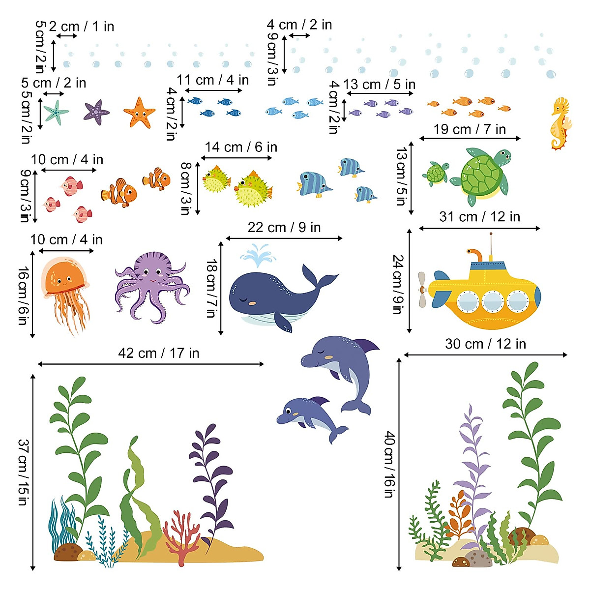 wondever Under The Sea Submarine Wall Stickers Tropical Fish Seaweed Dolphin Peel and Stick Wall Art Decals for Baby Nursery Kids Bedroom Bathroom