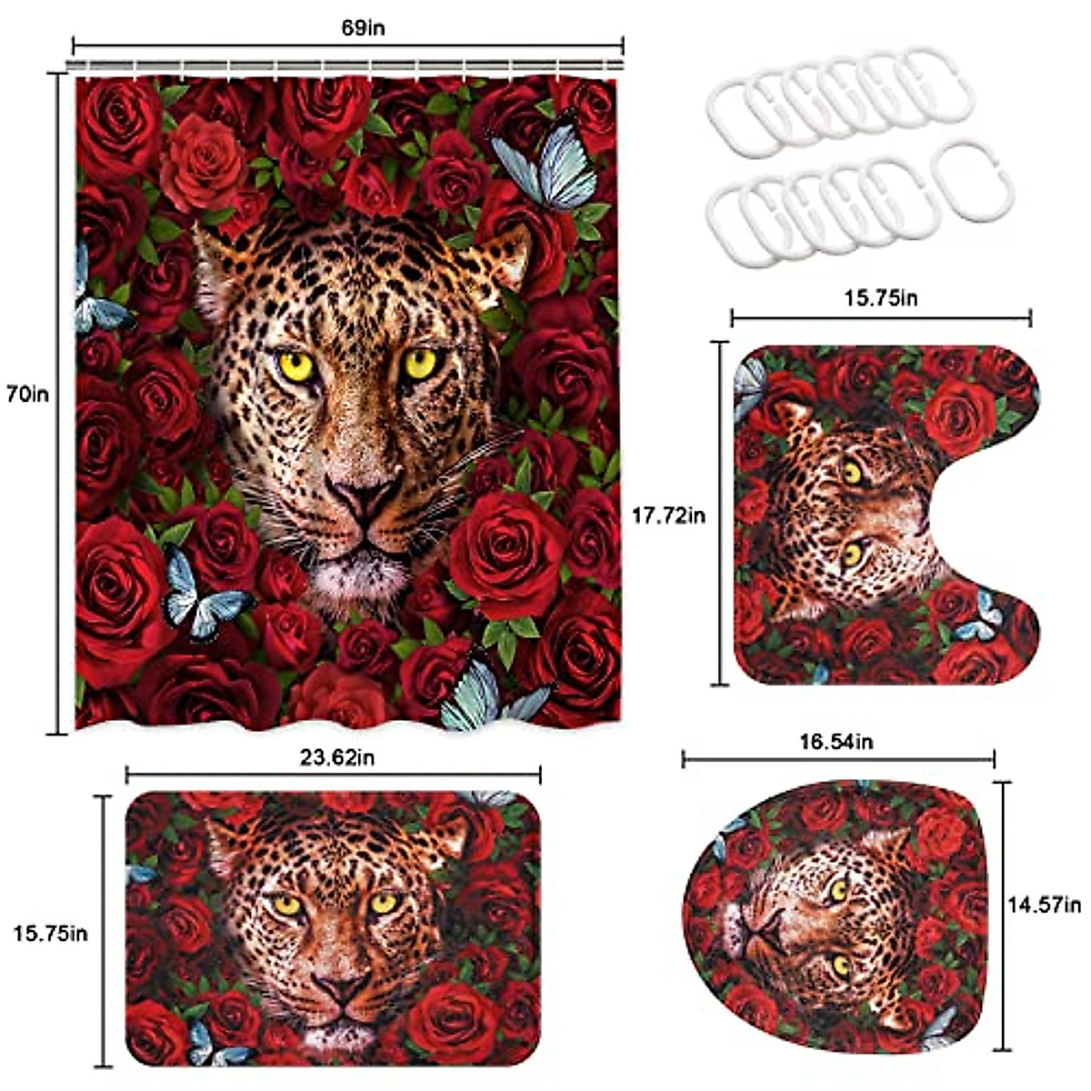 Likiyol 4 Pcs Red Rose Shower Curtain Sets with Non-Slip Rugs, Toilet Lid Cover and Bath Mat, African Leopard Cheetah Shower Curtain with 12 Hooks, Flower Butterfly Bathroom Set