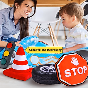 Sintuff 4 Pcs Racing Room Pillow Decorations Set 3D Simulation Wheel Tire Pillow Stop Sign Shaped Throw Pillow Traffic Safety Cone Decorative Plush Toy Kids Bedroom Car Theme Decor