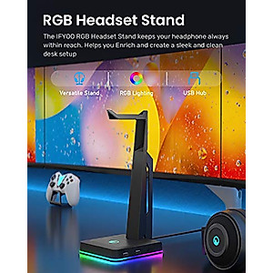 IFYOO RGB Gaming Headset Stand with 2 USB Ports, Game Headphone Mount for PC, Xbox One, PS4, Switch, Earphone Holder Hanger, Great for Gaming Stations, Fancy Desk Gamer Accessories, Black