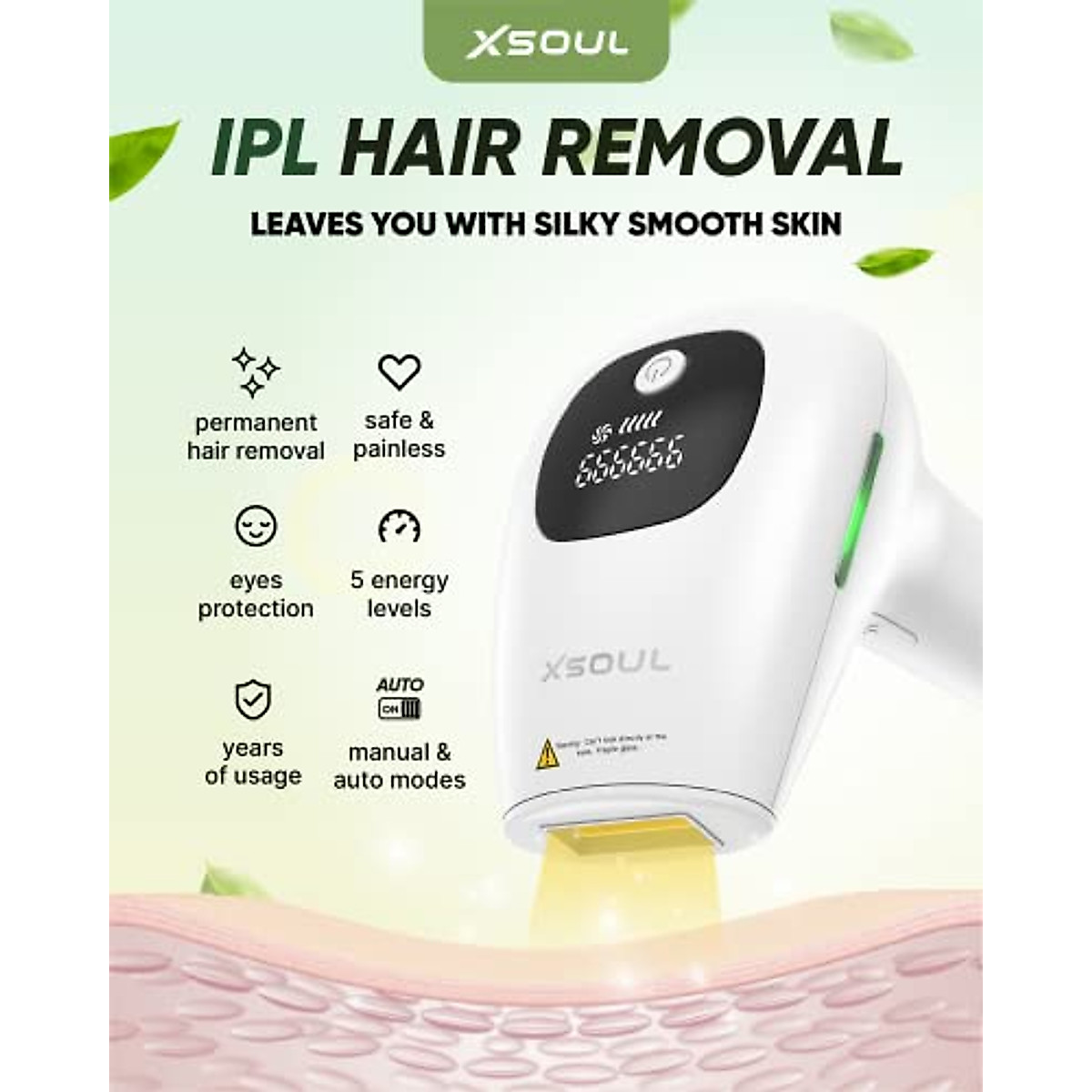 XSOUL At-Home IPL Hair Removal for Women and Men Permanent Hair Removal 999,999 Flashes Painless Hair Remover on Armpits Back Legs Arms Face Bikini Line, Corded
