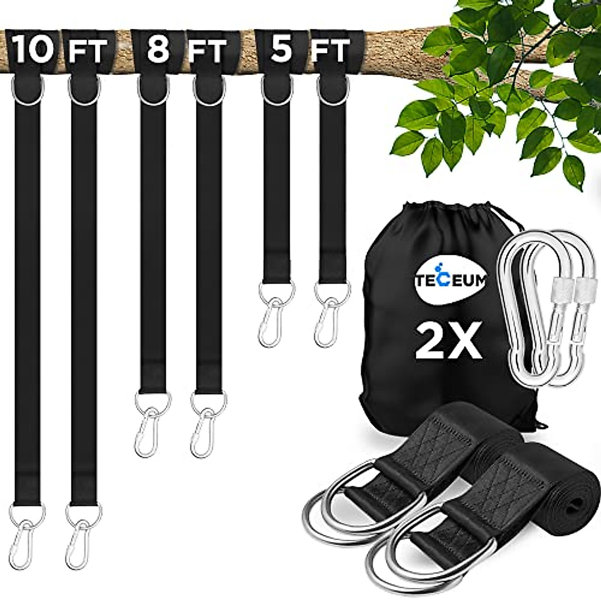 [New 2022] TECEUM Tree Swing Straps Hanging Kit (Set of 2) – 5 ft 8 ft 10 ft – Heavy-Duty Camping Hammock Strap (2,000 lb) – with Safety Lock Carabiners & Carry Bag – for All Swing Types – Outdoors