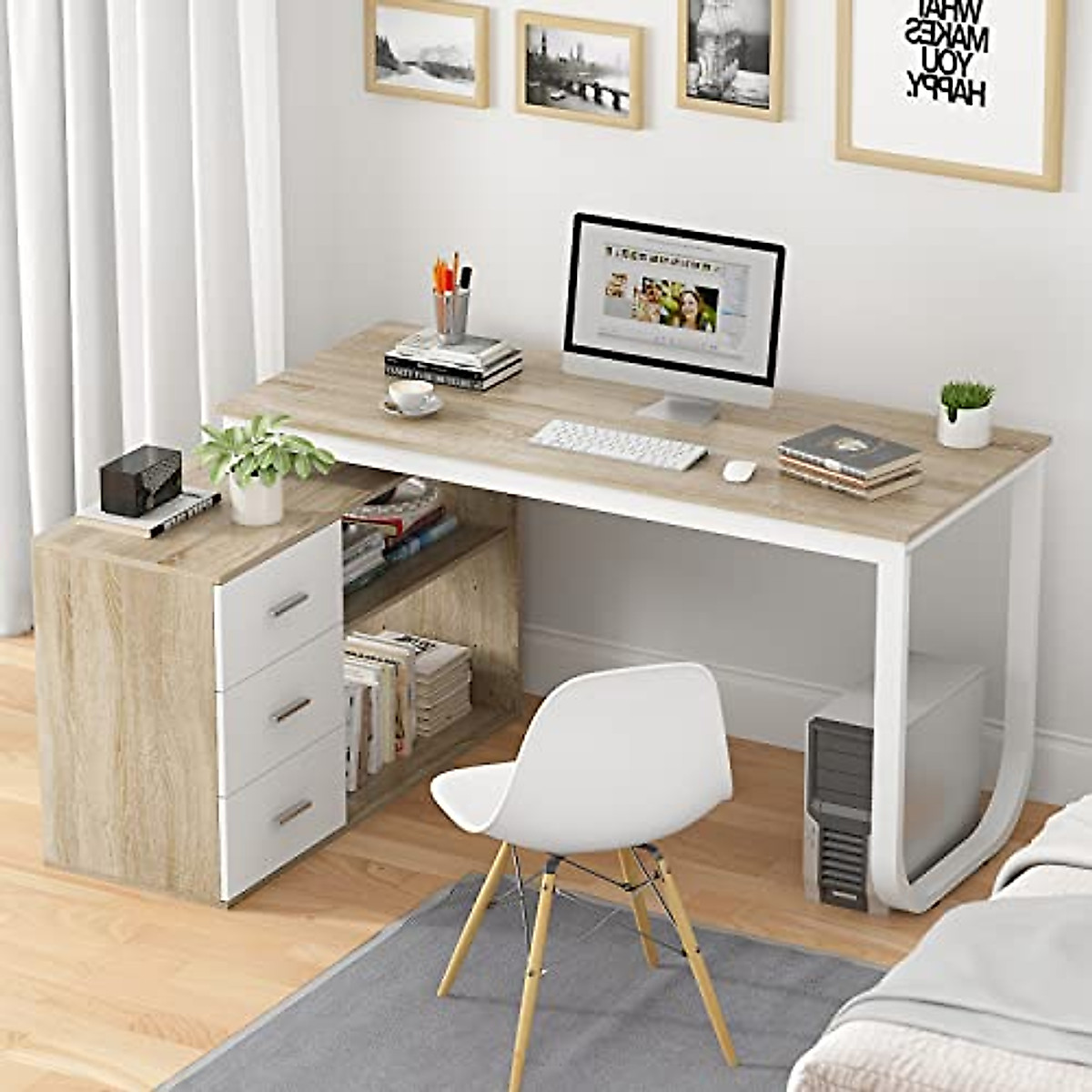 Homsee Home Office Computer Desk Corner Desk with 3 Drawers and 2 Shelves, 55 Inch Large L-Shaped Study Writing Table with Storage Cabinet - Walnut and White