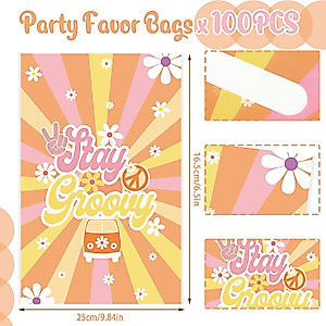 100 Pack Groovy Party Bags Hippie Boho Candy Bags Two Groovy Plastic Goodie Bags 60's 70's Hippie Party Favor Treat Bag with Handles for Hippie Boho Groovy Daisy Flower Birthday Party Supplies
