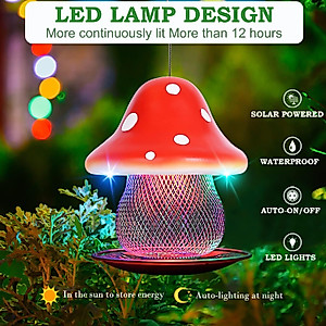 Red Mushroom Solar Bird Feeders - Outdoors Hanging Bird Feeders, Metal Wild Bird Feeder Made of Stainless Steel for Cardinals Bird Seed Feeder Large Capacity birdfeeders is Gift for Mother.