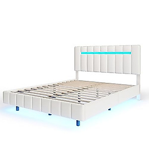 Modern Upholstered Platform LED Bed Frame, Queen Size Upholstered Bed with LED Lights and USB Charging, Floating Bed Frame with Wood Slats Suooprt, No Box Spring Needed (White, Floating Bed Frame 6)