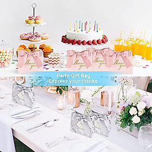 SHAIDOJIO 24Pcs Small Thank You Gift Bags, Party Favor Bag Treat Box with Bow Ribbon, Pink Pattern Mini Paper Gift Bags Bulk for Wedding, Birthday, Bridal Shower, Baby Shower (4.5x1.8x4 Inch)