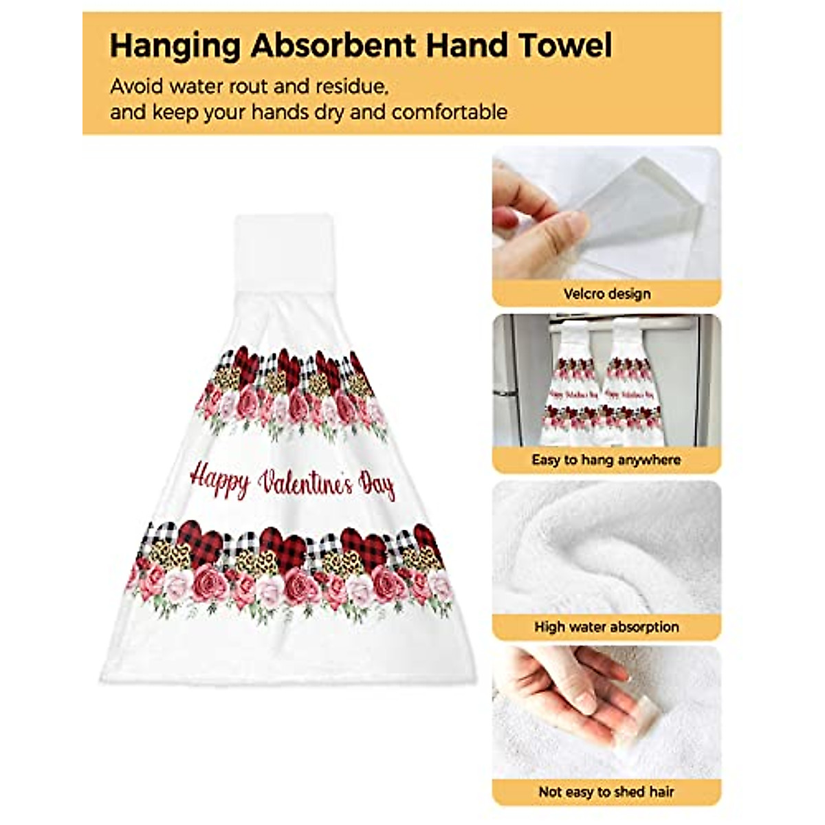 Hanging Kitchen Towels 2 Pack, Happy Valentines Day Hand Towel with Loop Absorbent Dish Cloth Tie Towels for Bathroom Laundry Room Decor Hand Dry Towel Rose Heart Plaid Leopard Print