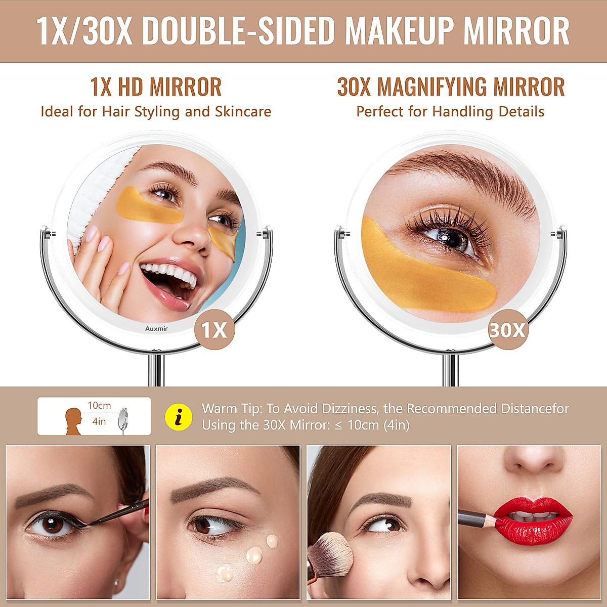 Auxmir 1X/ 30X Magnifying Mirror, Makeup Mirror with Tweezer, Double Sided Round Vanity Tabletop Mirror, 360° Rotation Portable for Dressing Table Desk Bathroom Bedroom Travel, Clear