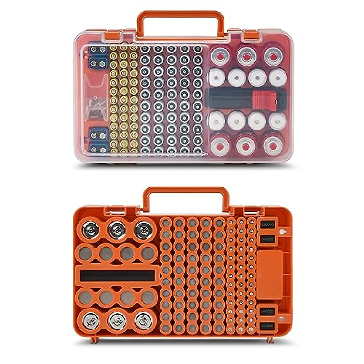 Battery Organizer Storage Case with Tester Checker. Batteries Holder Box Container for 120+ AA AAA 9V C D Lithium CR2025 CR1632 CR2032 Coin Cell Battery with Wall-Mounted Design -Orange