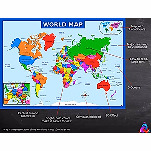 World Map Poster and USA Map with Extra Features - Laminated Educational Poster (14x19.5 in) – Maps for Kids, Classroom Decorations, Preschool and Elementary Learning, Teacher Supplies