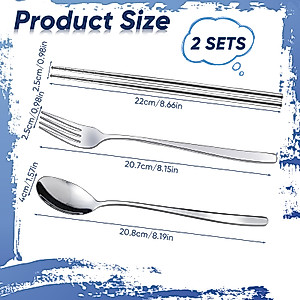 2 Pack Reusable Flatware Sets Fork, Spoon, Chopsticks, 6Pcs Travel Utensils Portable Camp Reusable Flatware Silver Reusable Flatware