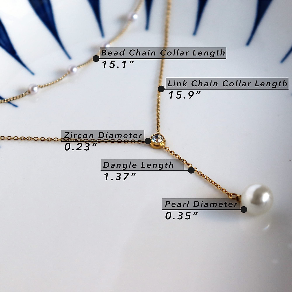 Jean Beau 2PCS Small Pearl Strand Layered Chain Gold Station Choker Necklaces - Dainty Long Drop Dangle Rhinestone Zirconia Y Necklace Accessories Jewelry Gift for Women