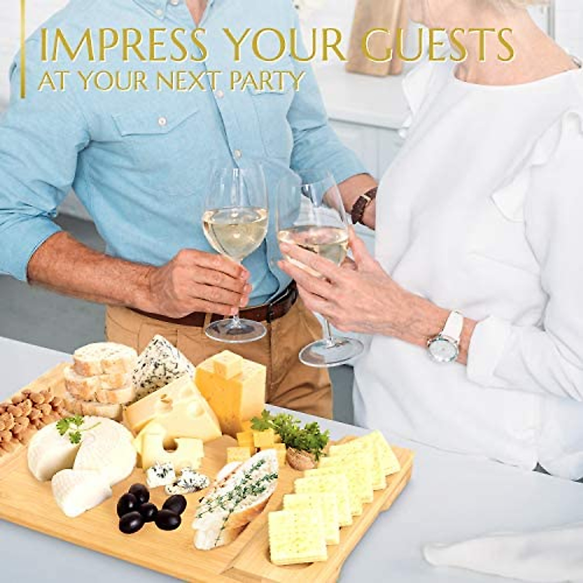 Signature Living Large Bamboo Cheese Board Charcuterie Board (16" x 10" x 1.2") Beautiful Serving Platter for Cheese, Crackers, Meat, Fruit - Durable Wooden Charcuterie Serving Board