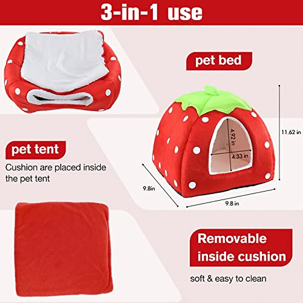 Mygeromon Guinea Pig Bed Rabbit Hideout Warm Fleece Cuddle Cup Washable Winter Sleeping House for Small Pet/Ferret/Chinchilla/Bunny (Strawberry Style)