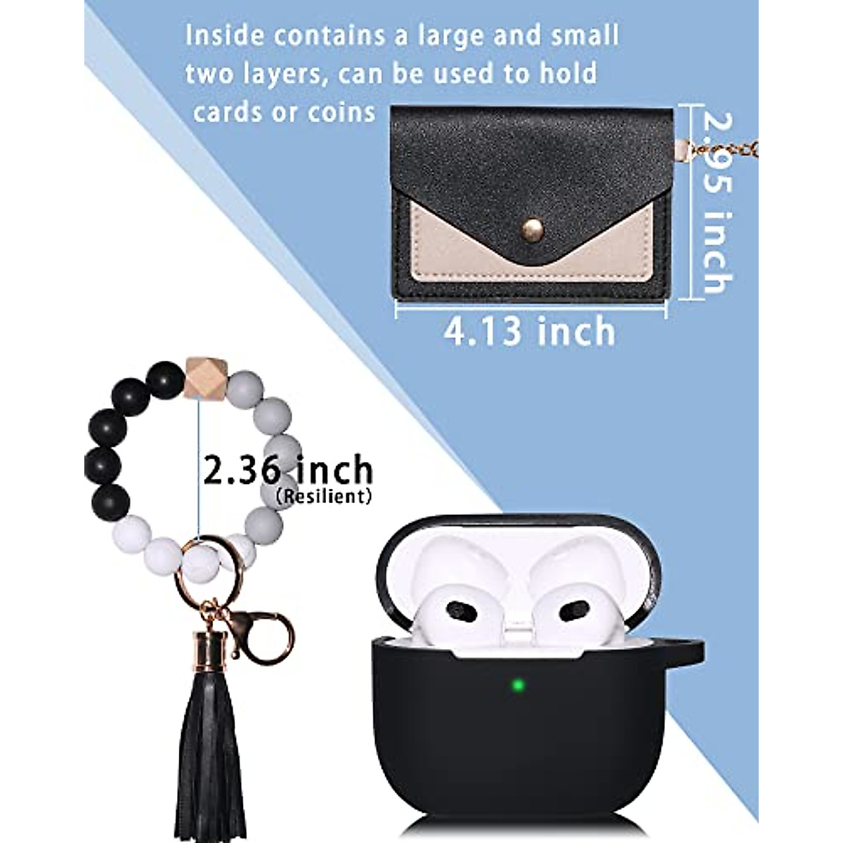4-in-1 for AirPods 3 Case Cover Accessories Set Kit, Cute for AirPod 3rd Generation Case Skin with Fur Ball Pompom/Wristlet Bracelet Keychain/Credit Card Holder Purse for Women and Girls Black