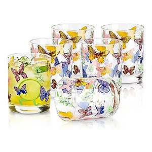 Floral Double Old Fashioned Glass Set of 6 (DOF) Drinking Glasses 13.5oz Made From Premium Borosilicate Lowball Glass Whiskey Tumbler, for daily use, Whiskey, Juice, Cocktails, Beer&Mixed Drinkware…