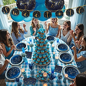 Havercamp Sweet 16 Birthday Party Decoration Collection; Stars, Moons and Gold “Bling” over an Ombre’ Night Background.