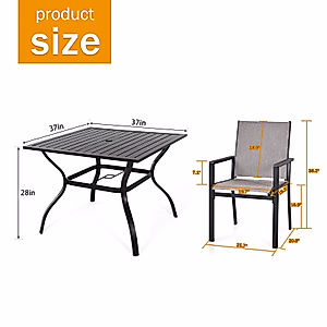 bigget 5-Piece Patio Outdoor Dining Set of 4 Chairs Textilene Breathable Fabric& Wrought Iron Desk Square Metal Table w/ 1.57" Umbrella Hole Furniture Set for Garden Yard Porch Deck Bistro