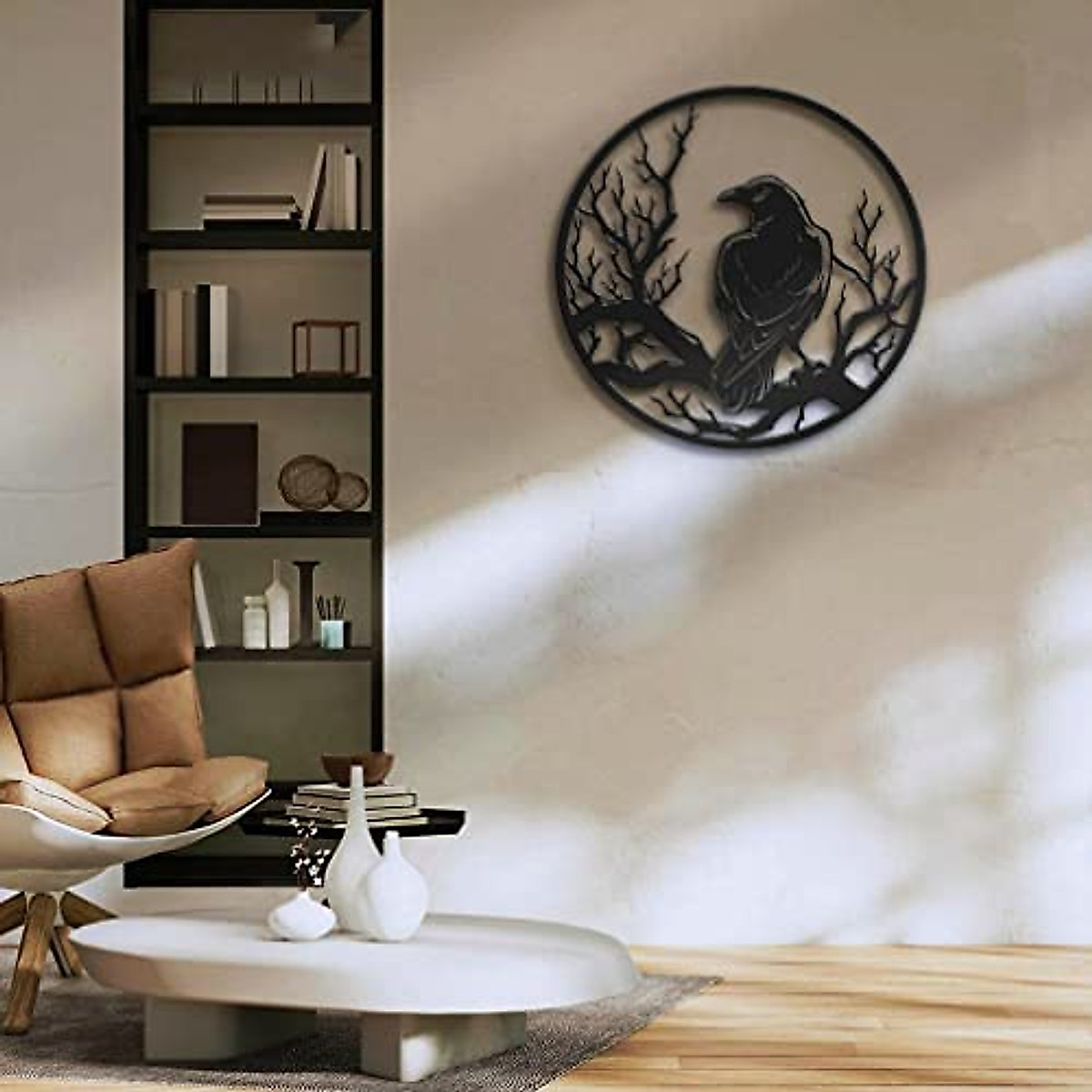 Raven Metal Wall Art with LED Light Crow Moon Sign Home Decor Black Horror Bird Decoration Man Cave Hanging Door Housewarming Halloween