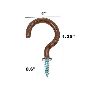 Kinteshun Cup Ceiling Hooks,Medium Size Vinyl Coated Screw-in Open Hooks Hangers(50pcs,1.25 inches,Brown)