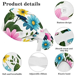 Nurse Scrub Caps,Scrub Hats with Buttons and Cotton Sweatband,Tropical Flower Painting Plant