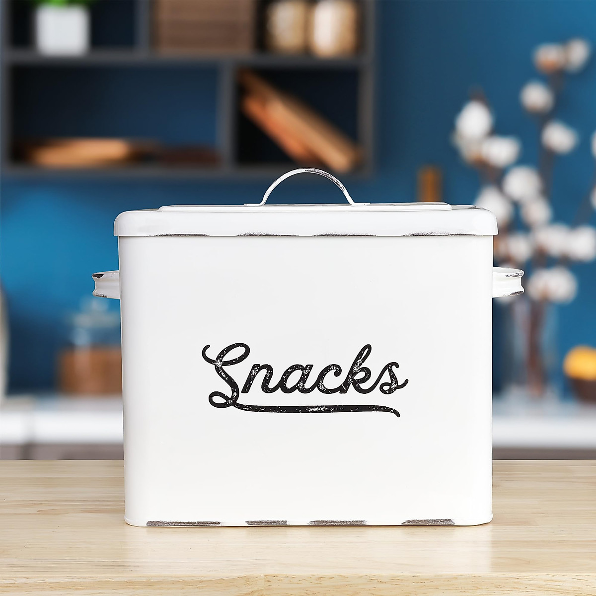 AuldHome Rustic Snack Bin, White Enamelware Snack Container Perfect for Single Serving Snacks