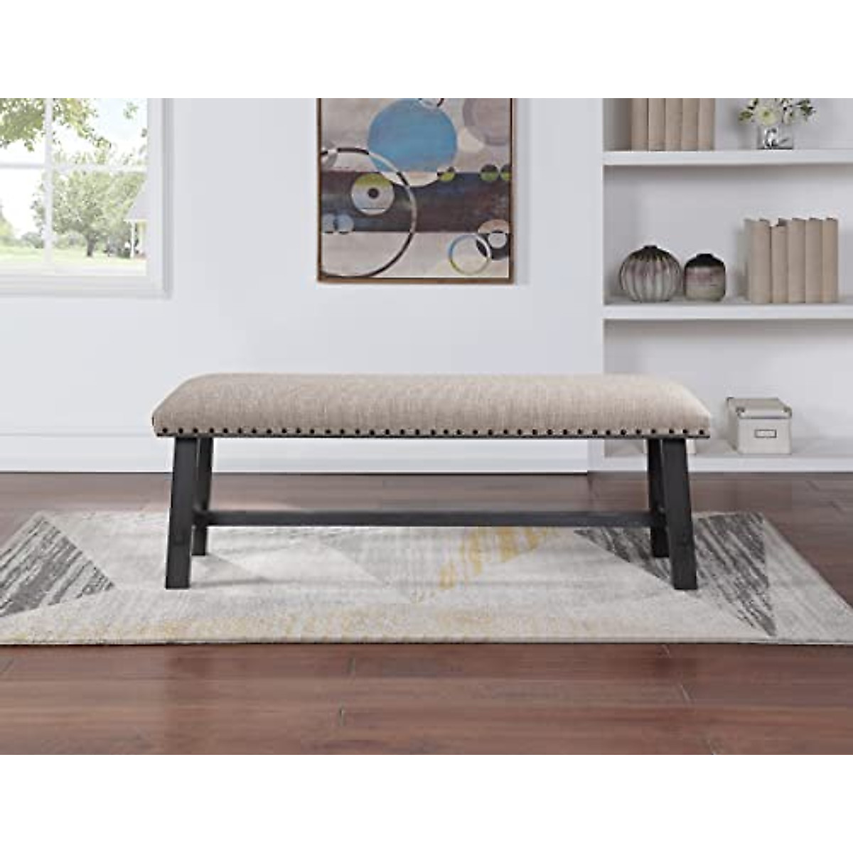 OSP Home Furnishings Callen Bench with Antique Bronze Nailhead Trim, Antique Grey Frame and Grey Fabric