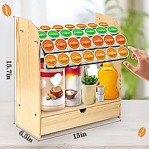 K Pod Holder - Pine Wood Coffee Essentials Organizer Station Compatible with K-Cups, Large Capacity Tea Bar Holder Coffee Accessories Storage for Home Office Kitchen Countertop