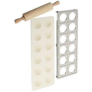 Norpro 3 Piece Ravioli Maker and Press Set with Rolling Pin, Large, White and silver