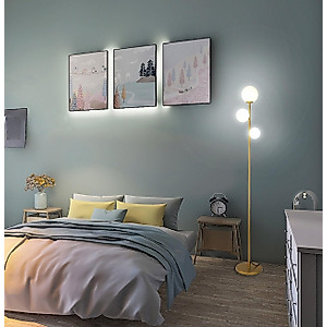 3 Globe Mid Century Modern Floor Lamp for Living Room, Contemporary Gold Floor Lamp with Frosted Glass Shade and Bulbs Included, LED Standing Tall Pole Lamp for Bedrooms, Office - Antique Brass