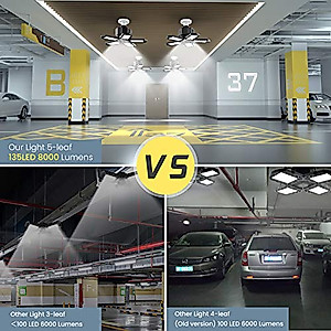 LED Garage Lights, 100W UDIYO Deformable Garage Ceiling Light with 5 Adjustable LED Panels, 6000LM E26/E27 Basement Lights, Fits for Garage, Warehouse, Barn, Workshop and Yard
