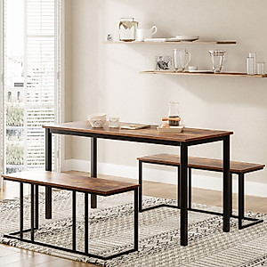 SogesPower 55.1 inches Dining Table Set,3-Pieces Kitcen Table Set for 2 Person Kitchen Breakfast Table Chair Set Pub Table and Chairs Set with 2 Bench Suitable for Kitchen Dining Room,Retro