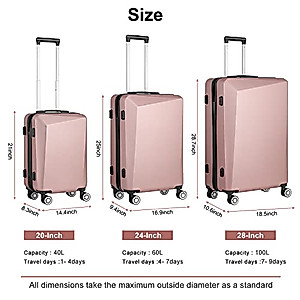 PINPON 3 Piece Luggage Sets, Hard Luggage Sets with TSA Lock, Carry On Luggage with Double Spinner Wheels for Women Men, Travel Suitcase Lightweight (20/24 / 28, Rosegold)